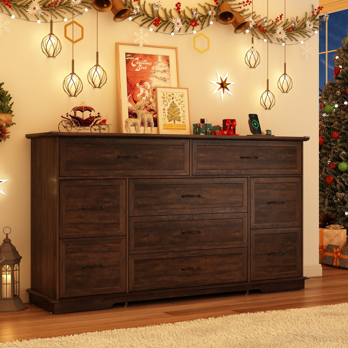 Winston Porter 63" Farmhouse Wood Dresser with 9 Drawers & Charging Station, Rustic Storage ...